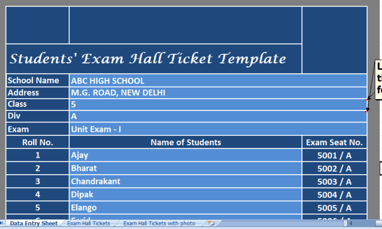 Students Exam Hall Ticket Generator excel template for free