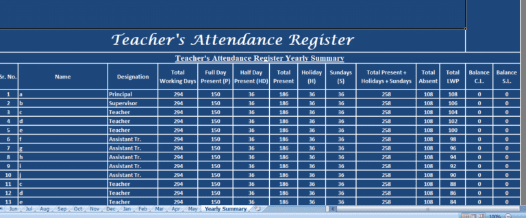 Teachers Attendance Register excel template for free