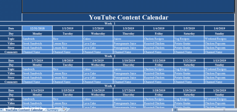 YouTube Content Calendar excel template for free