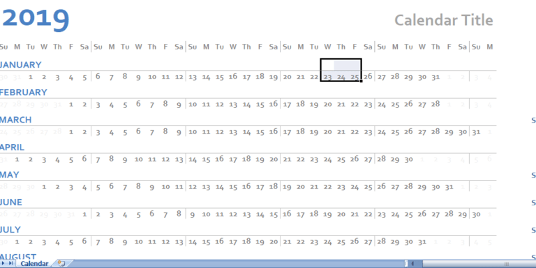 Horizontal Yearly Calendar excel template for free