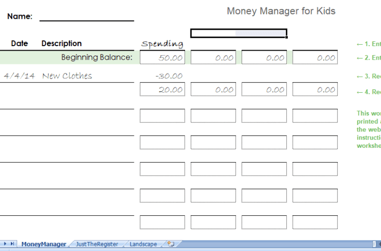 Money Manager for Kids excel template for free