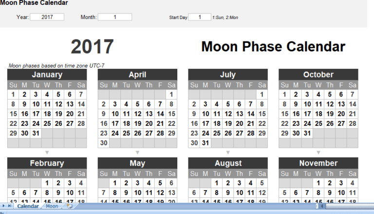 Moon Phase Calendar Landscape excel template for free