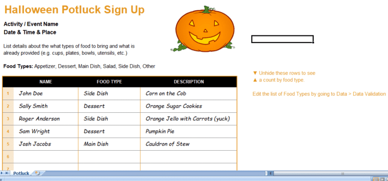 Potluck Sign Up Halloween excel template for free