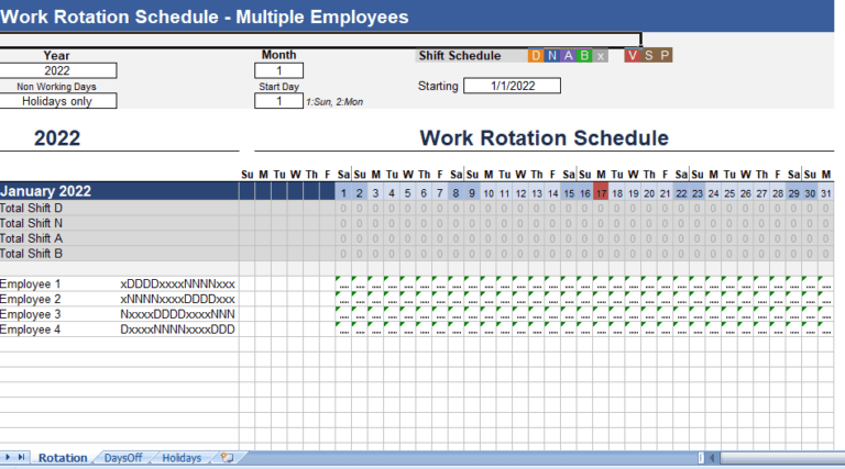 Rotation Schedule Multiple Employees excel template for free