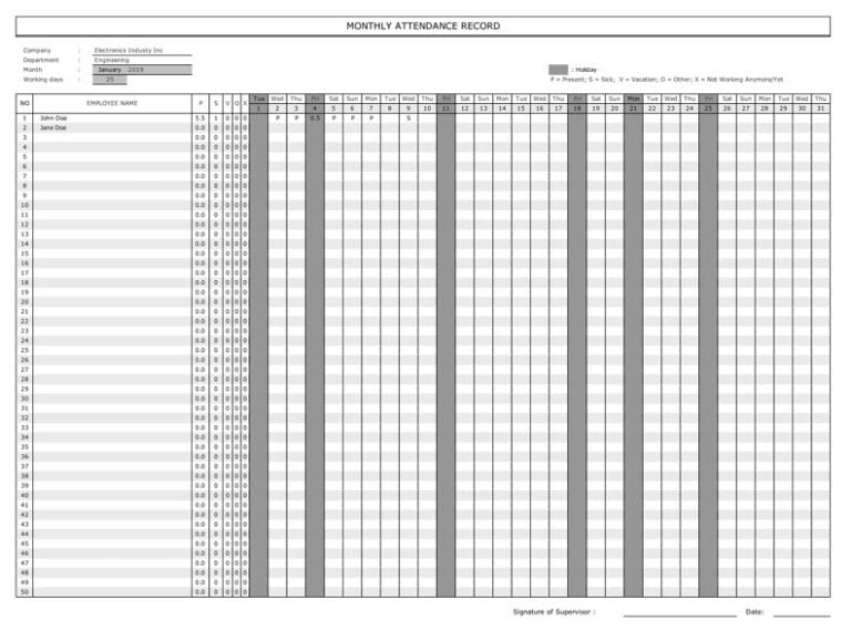 Employee Attendance Calendar excel template for free