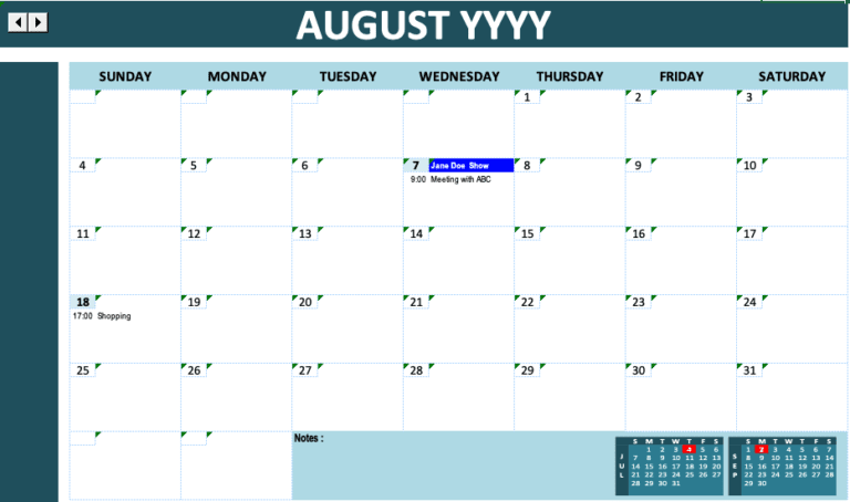Event Calendar excel template for free