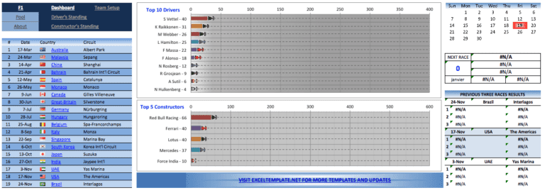 Formula 1 Pool Season excel template for free