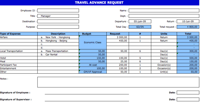 Travel Request Form excel template for free