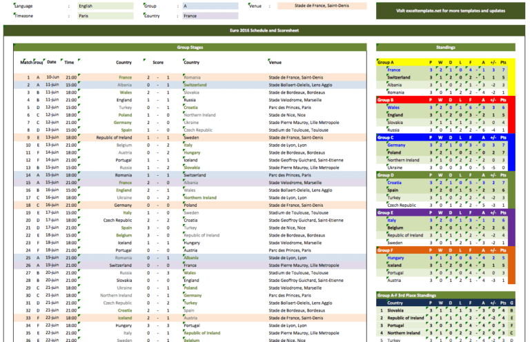 UEFA EURO Schedule and Scoresheet excel template for free