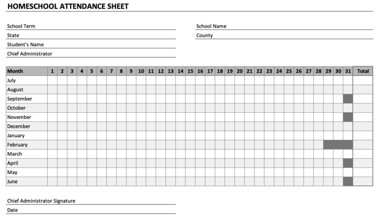 Homeschool Attendance Sheet excel template for free