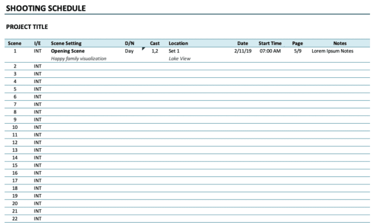Shooting Schedule excel template for free.