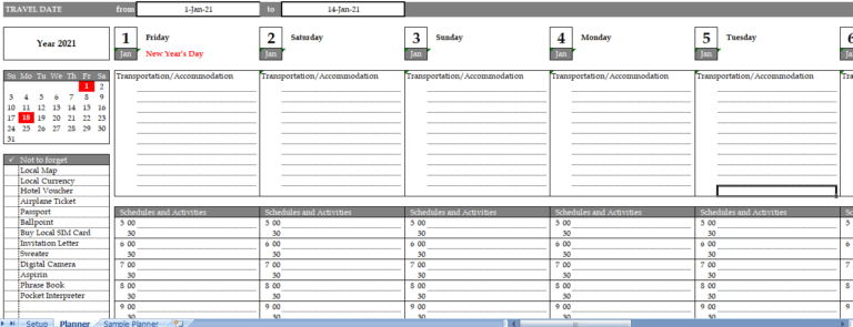 Travel Planner excel template for free