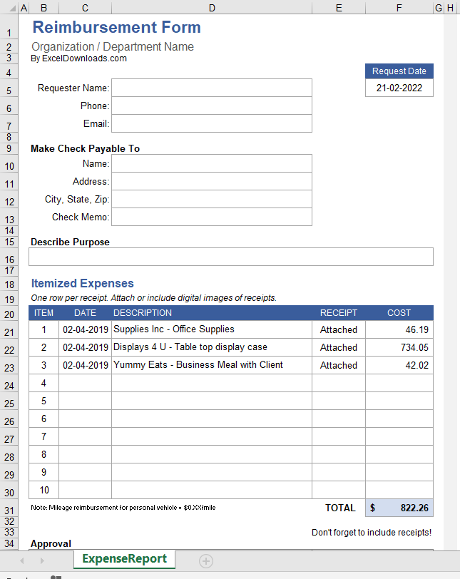 Excel Template For Expense Reimbursement Form With Receipts 