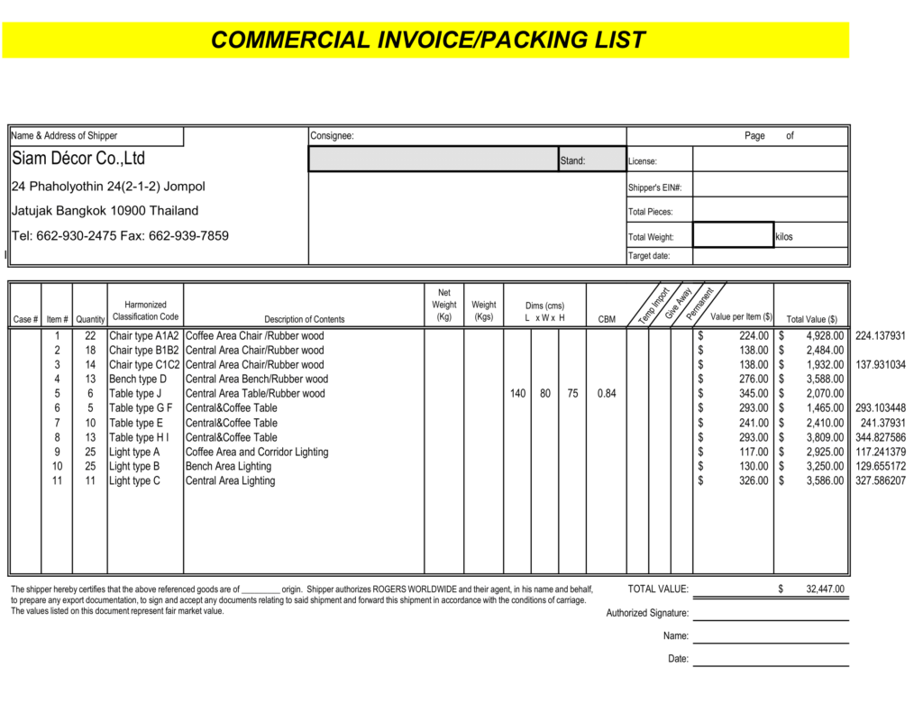 Commercial Invoice with Packaging List in Excel Format