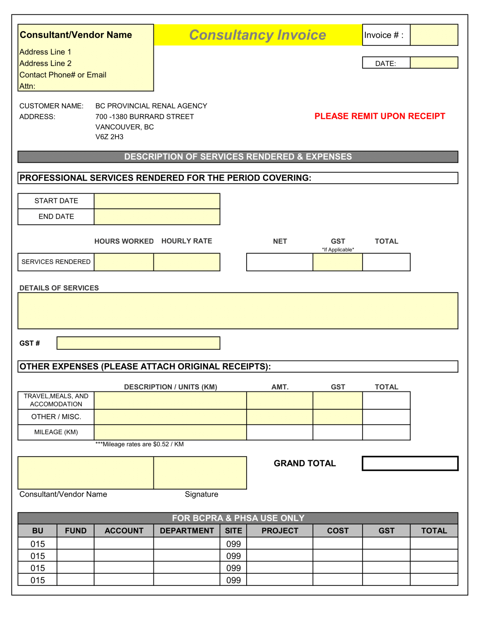 Download Consultancy Invoice Format in Excel Sheet