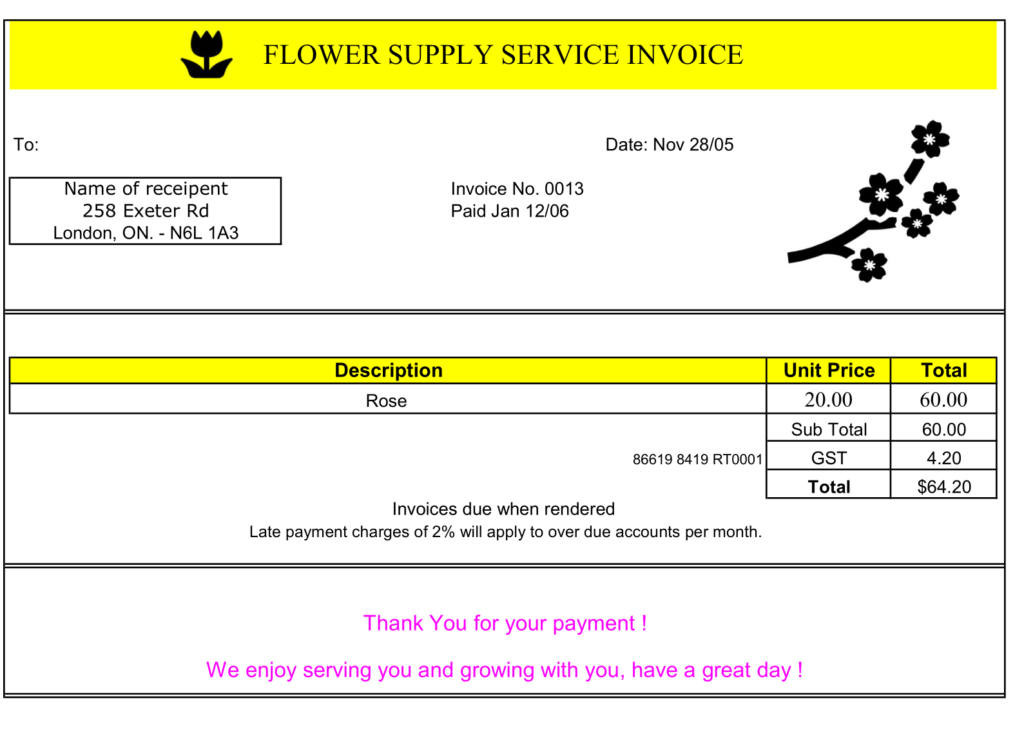 Flower Supply Service Invoice Template in Excel | Download Free