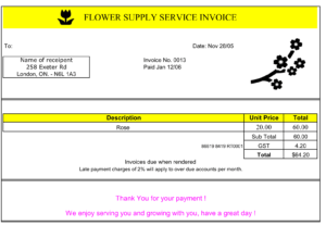 Flower Supply Service Invoice Template in Excel | Download Free