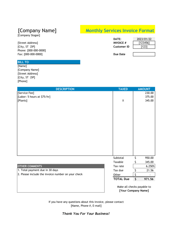 Free Monthly Services Invoice Template in Excel Sheet