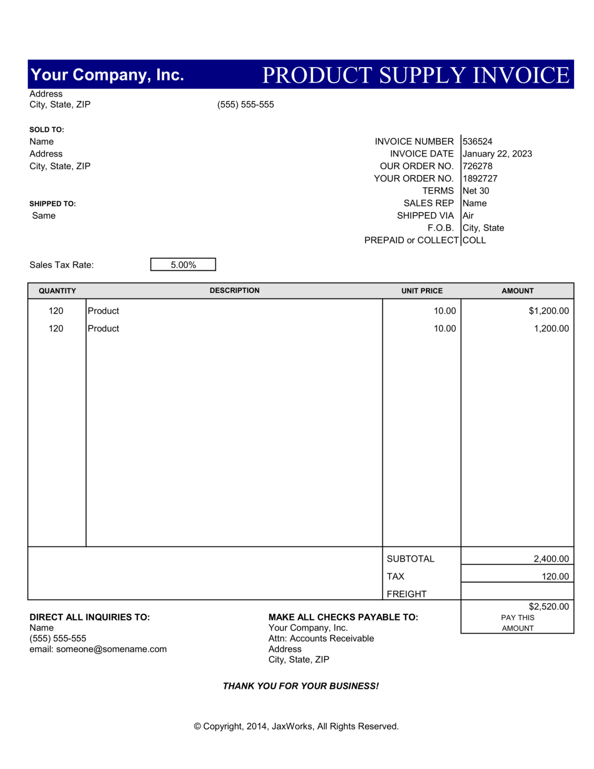 Free Product Supply Invoice Template in Excel Sheet