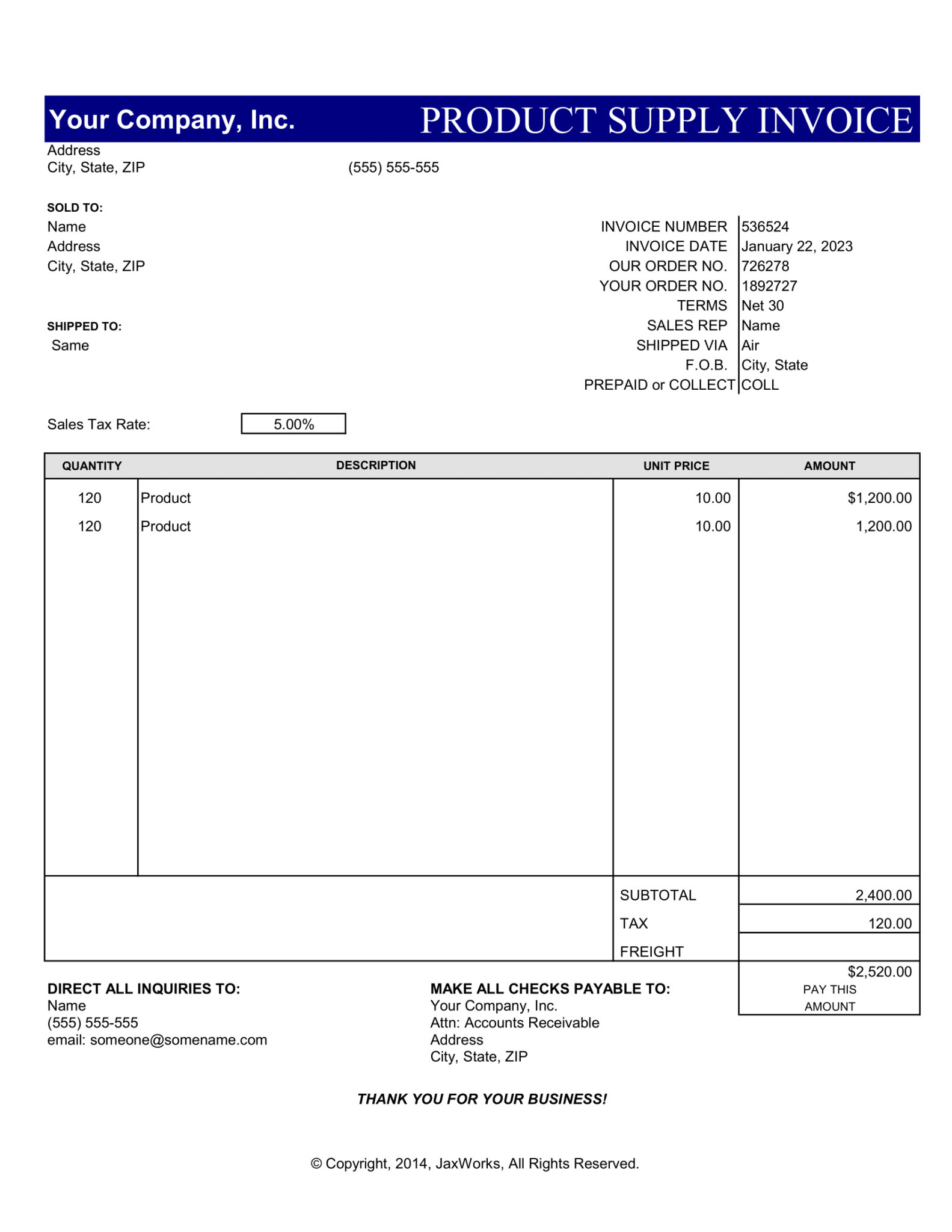 Free Product Supply Invoice Template in Excel Sheet