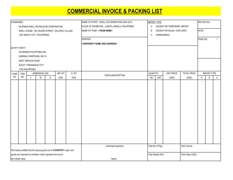Commercial Invoice and Packaging List Template in Excel